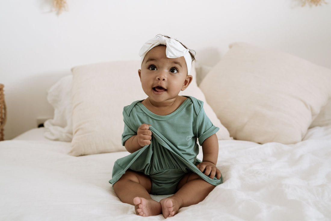 Organic Bamboo Spandex Onesie Dress- Sage Green – Anvi Baby
